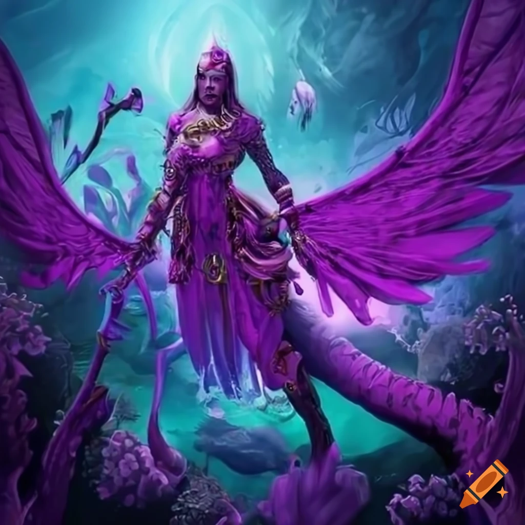 Powerful queen of a pink and purple underwater kingdom wielding a spear ...