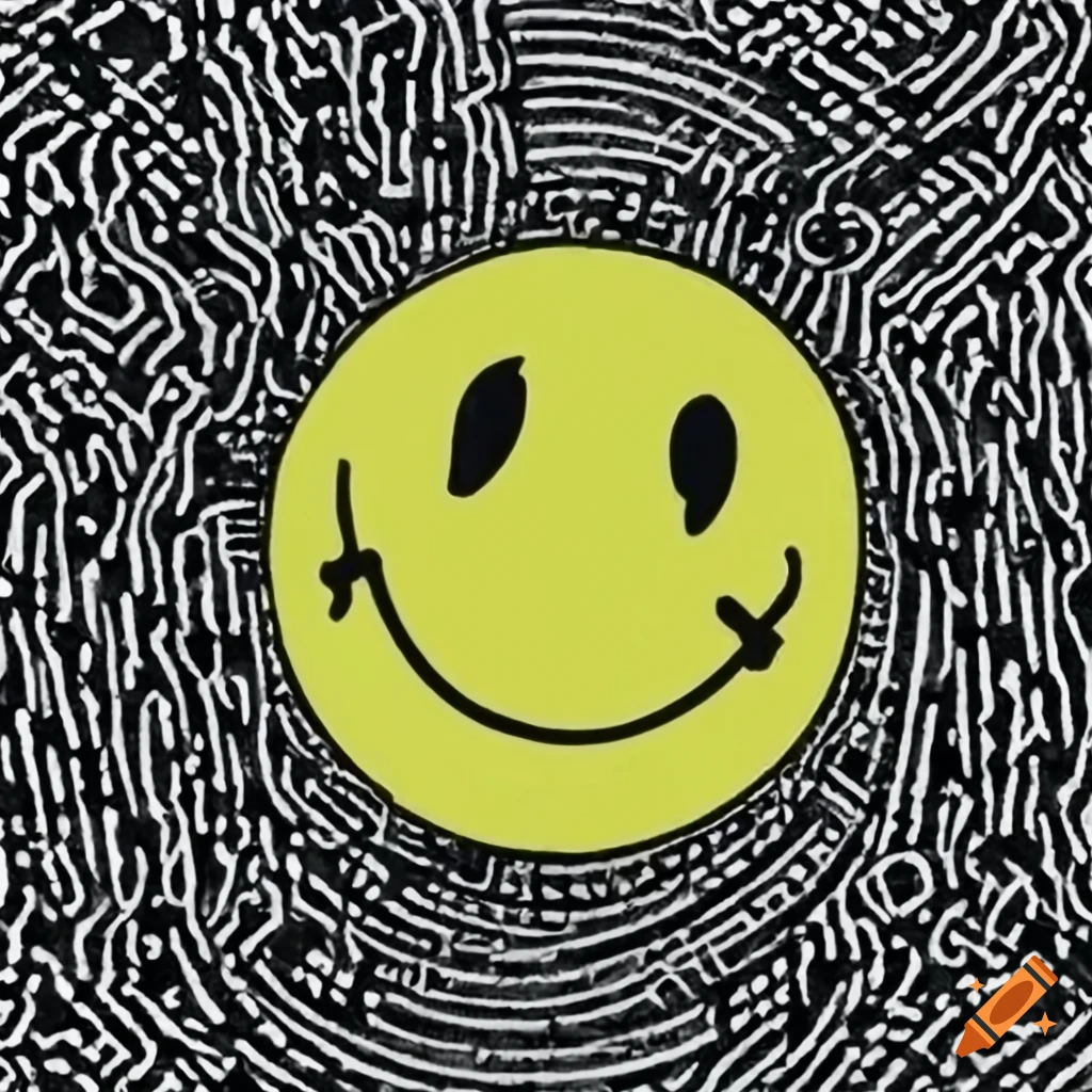 Classic yellow smiley ideogram representing rave music on Craiyon