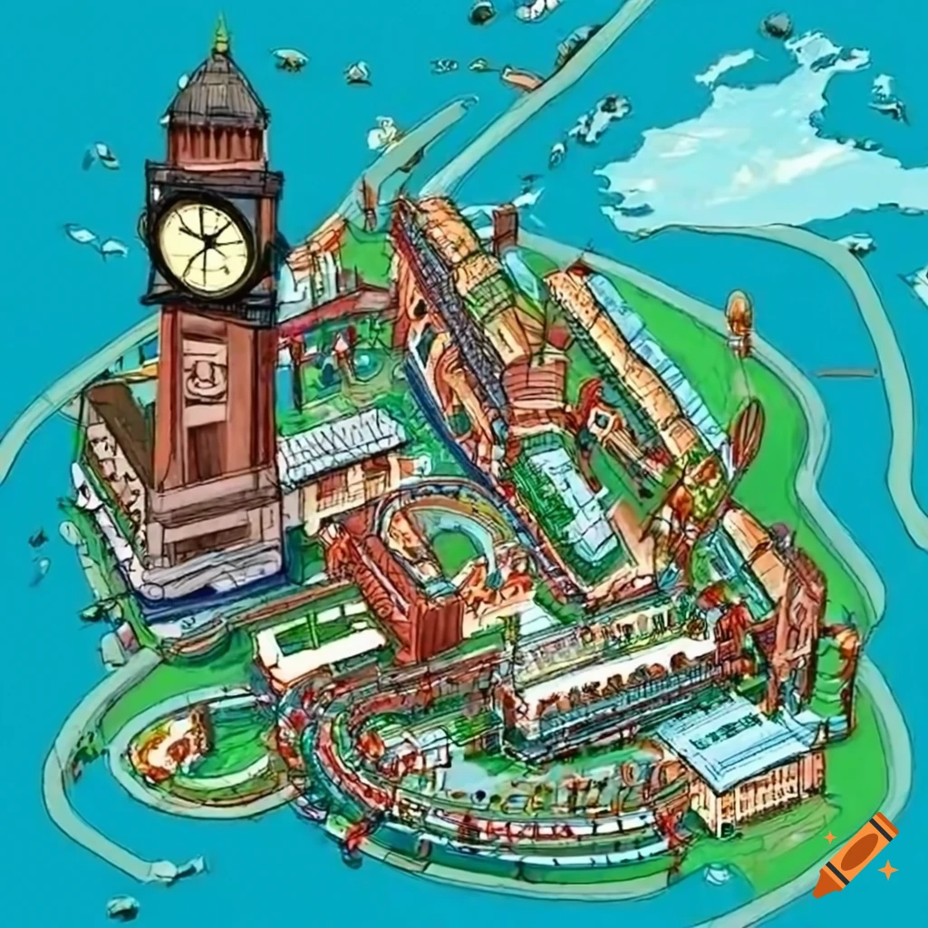 Aerial view drawing of Manchester city center with prominent landmarks ...