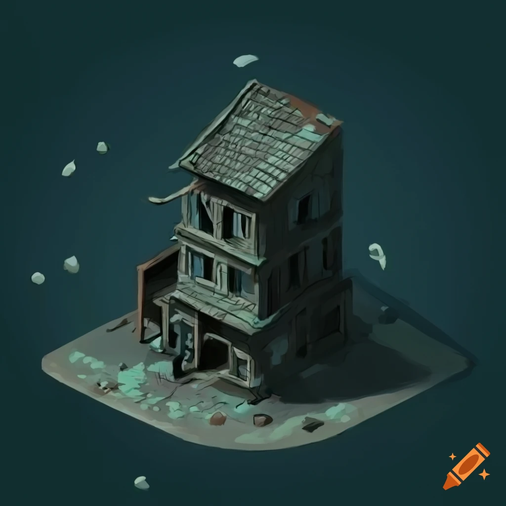Isometric illustration of an abandoned house on Craiyon