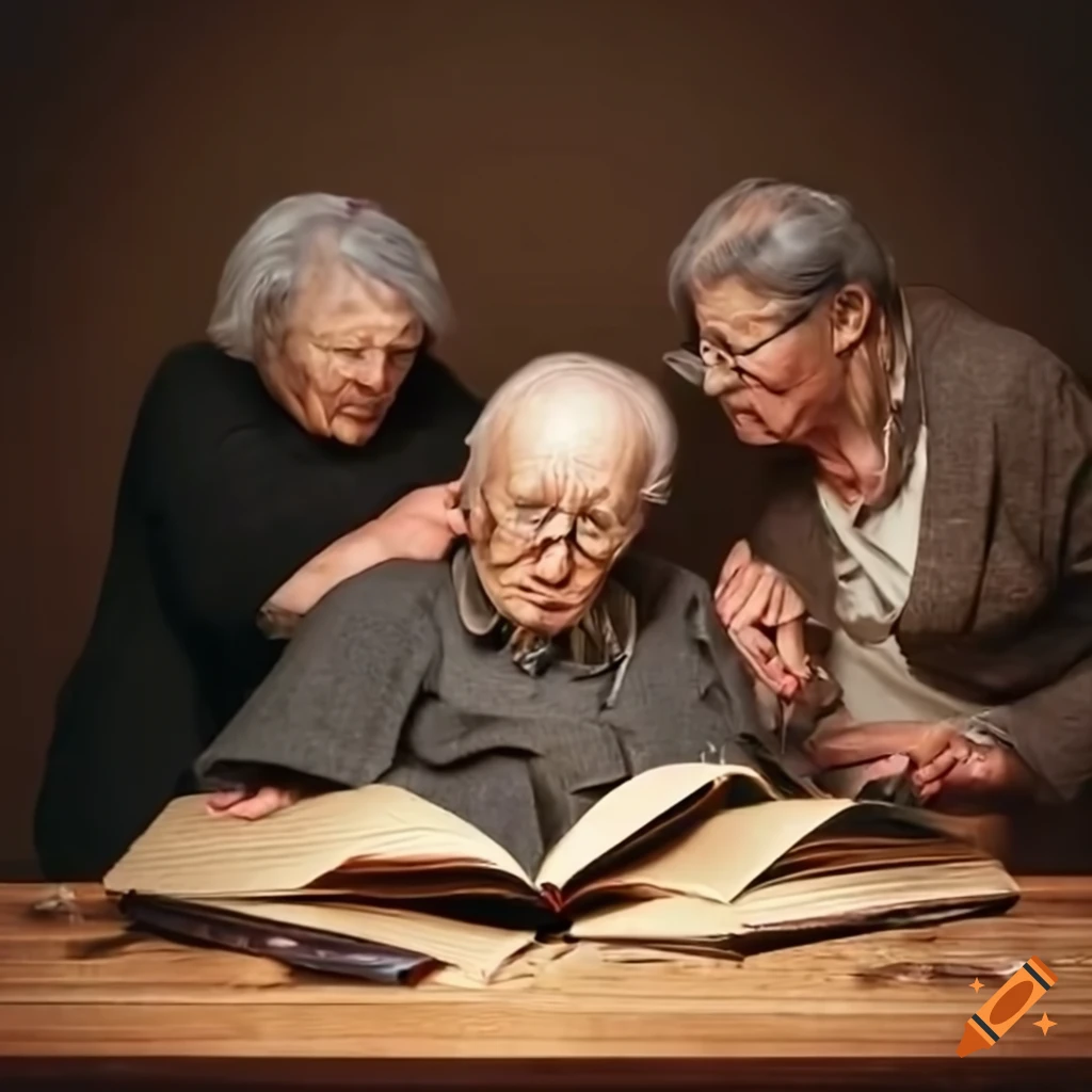 Group of elderly people around a table with books on Craiyon
