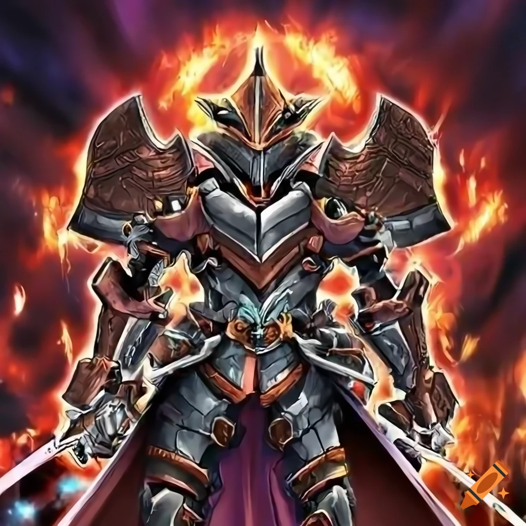 Highly detailed yu-gi-oh style artwork of a fire full armor knight ...