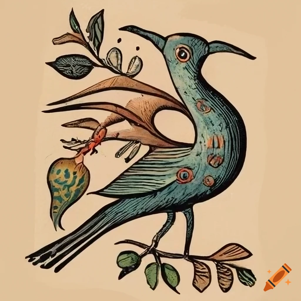 Medieval woodcut of a folk bird and plants on Craiyon