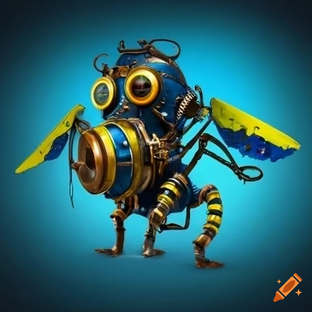 Steampunk flying robotic hornet in blue and yellow with gas masks on ...