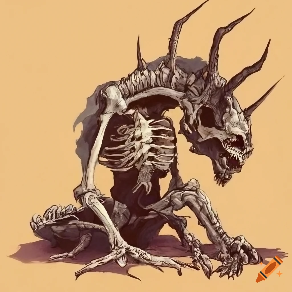 Dead dragon skeleton in the desert drawn in frank frazetta style on Craiyon