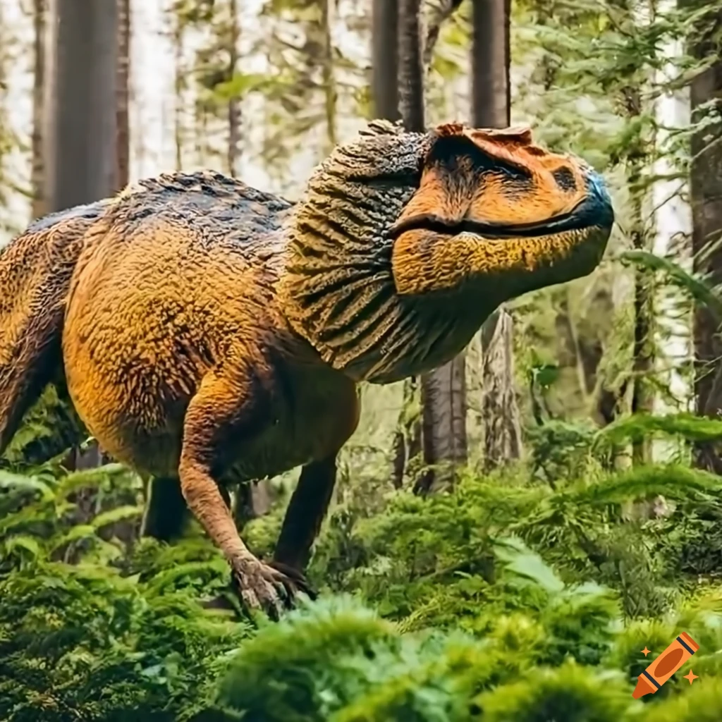 Feathered t-rex with wolf color pattern in a British Columbia forest ...