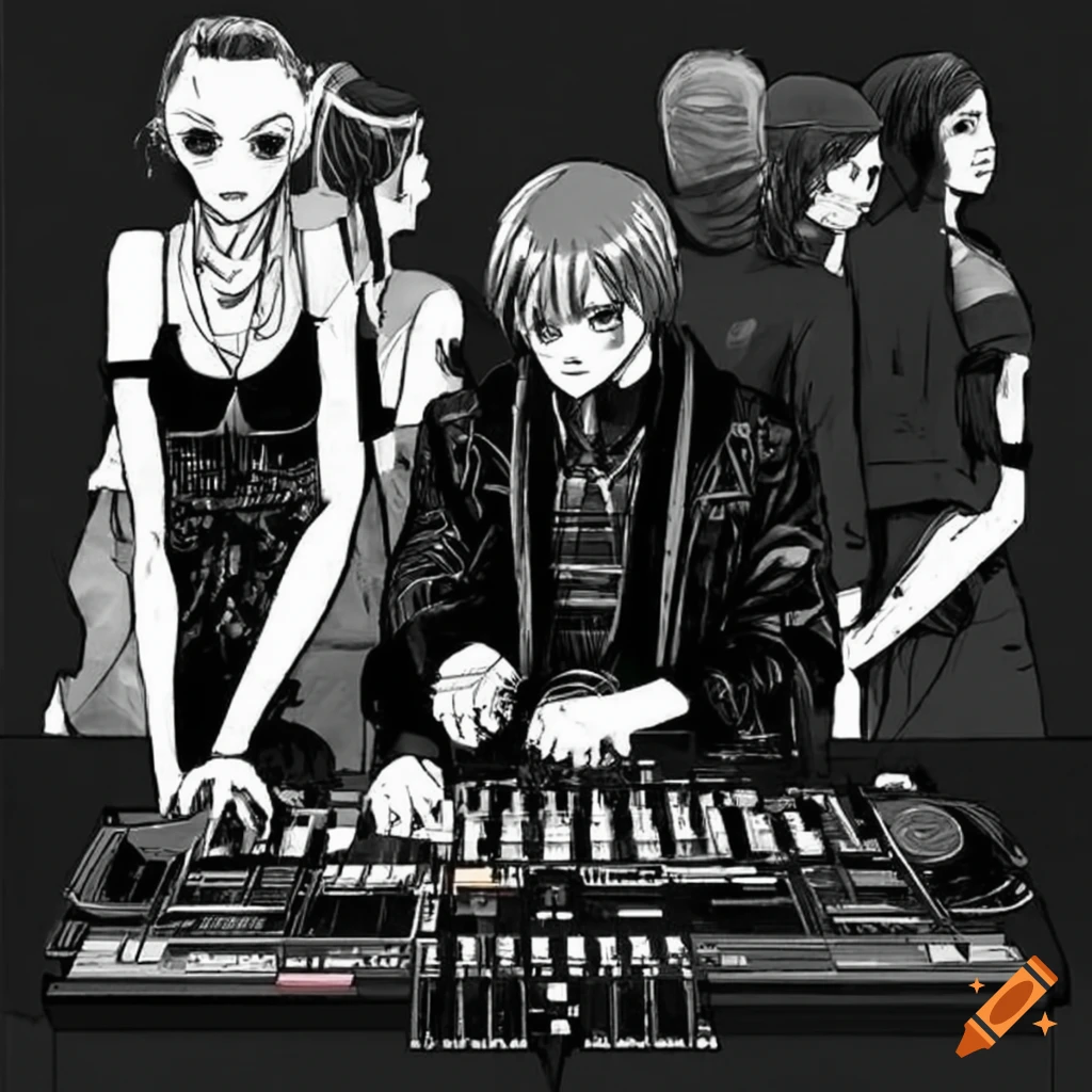 Manga noir depiction of a techno dj on Craiyon