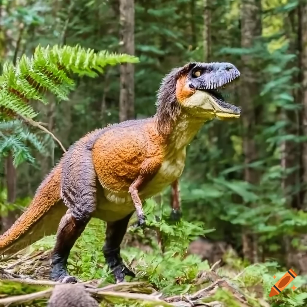 Feathered t-rex with fox color pattern in british columbia forest on ...