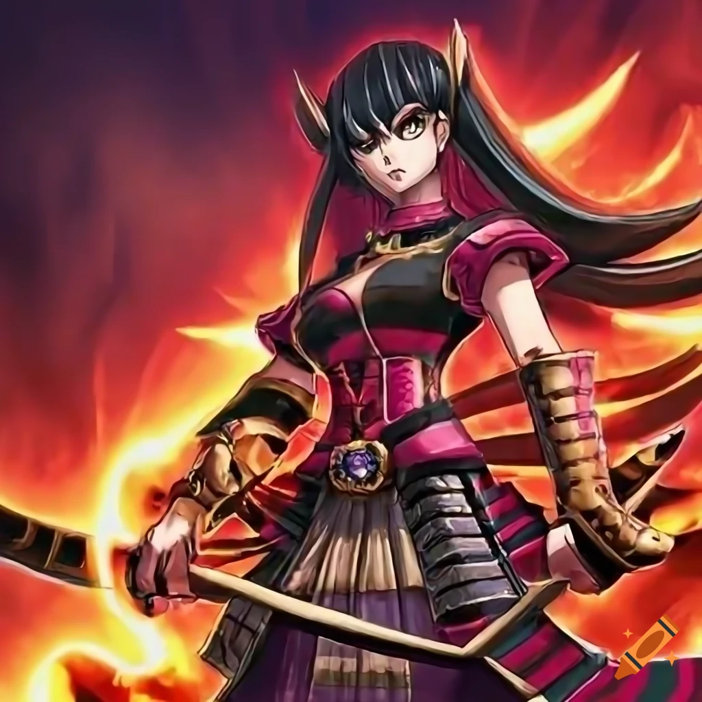 Highly detailed Yu-Gi-Oh style artwork of a fire samurai girl with fire ...