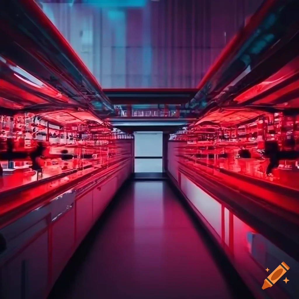 Wide-angle view of a futuristic cloning lab with red tint on Craiyon