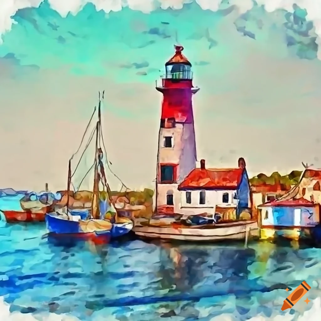 Fishing port with boats, lighthouse, and town houses on Craiyon