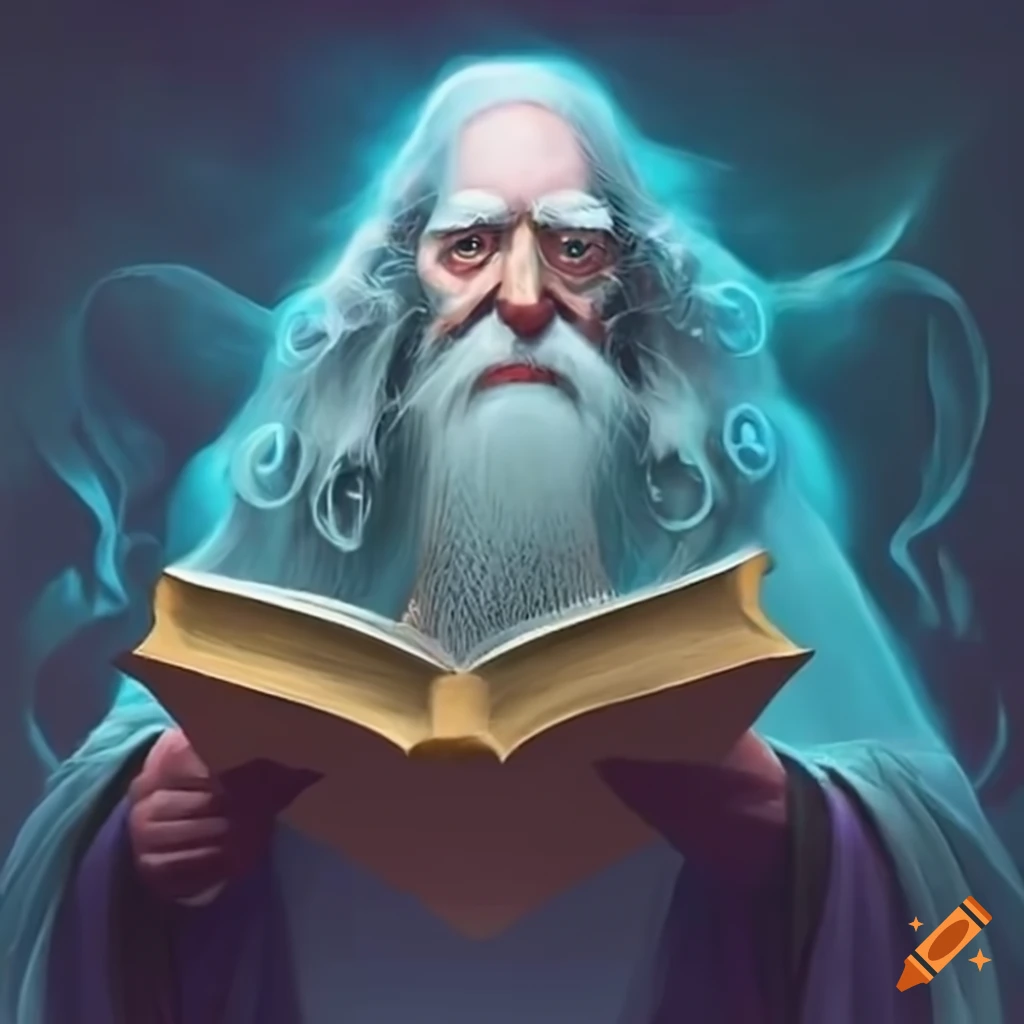 The story master wizard holding an open story book with a magical aura ...