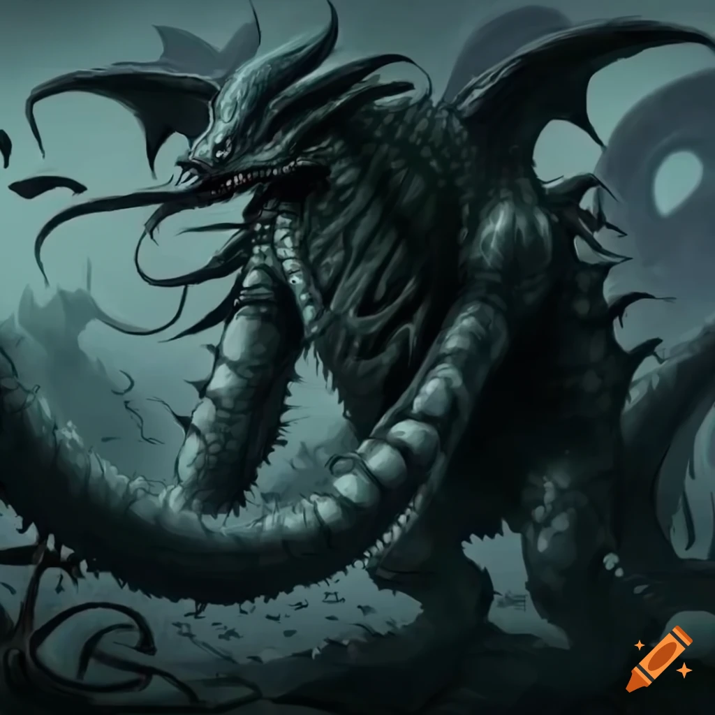 Chaotic lovecraftian dragon-worm hybrid with black eyes and tentacles ...