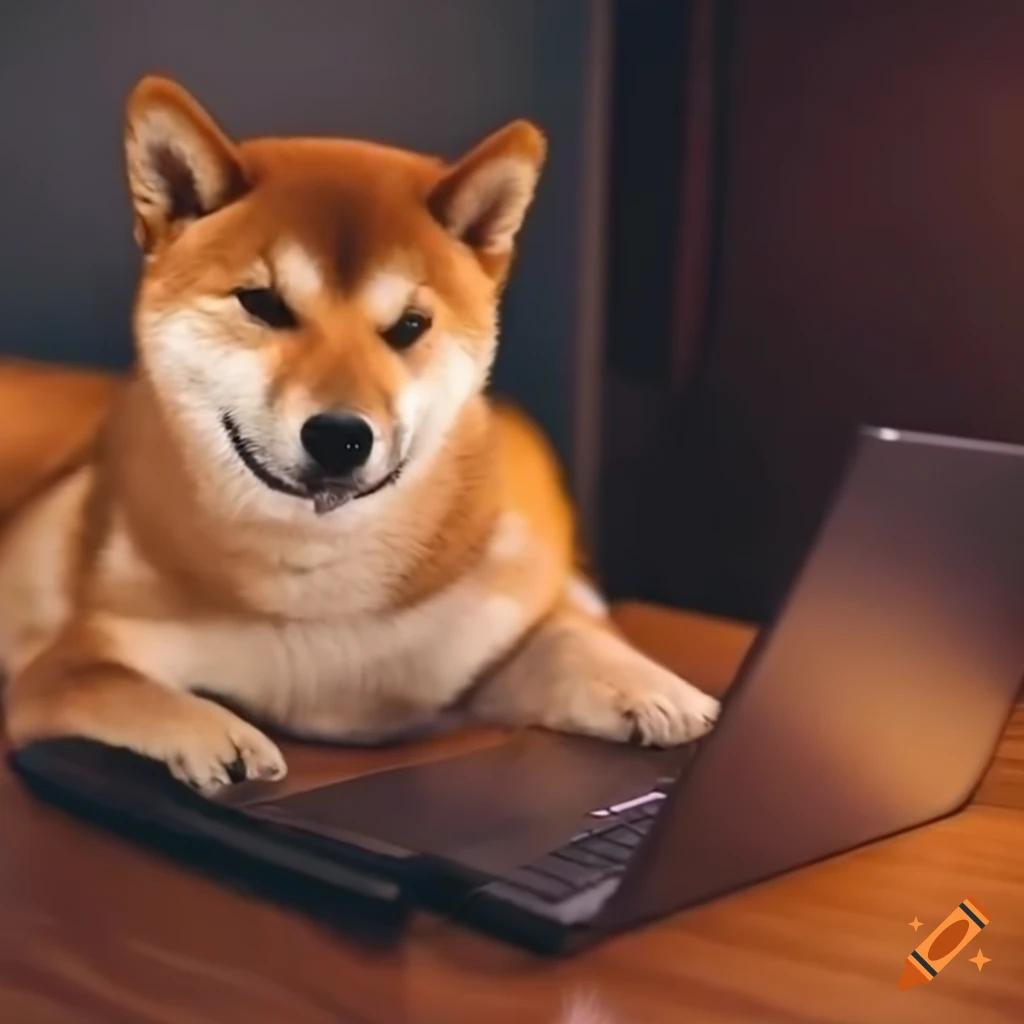 Shiba inu next to a computer in a cozy office on Craiyon
