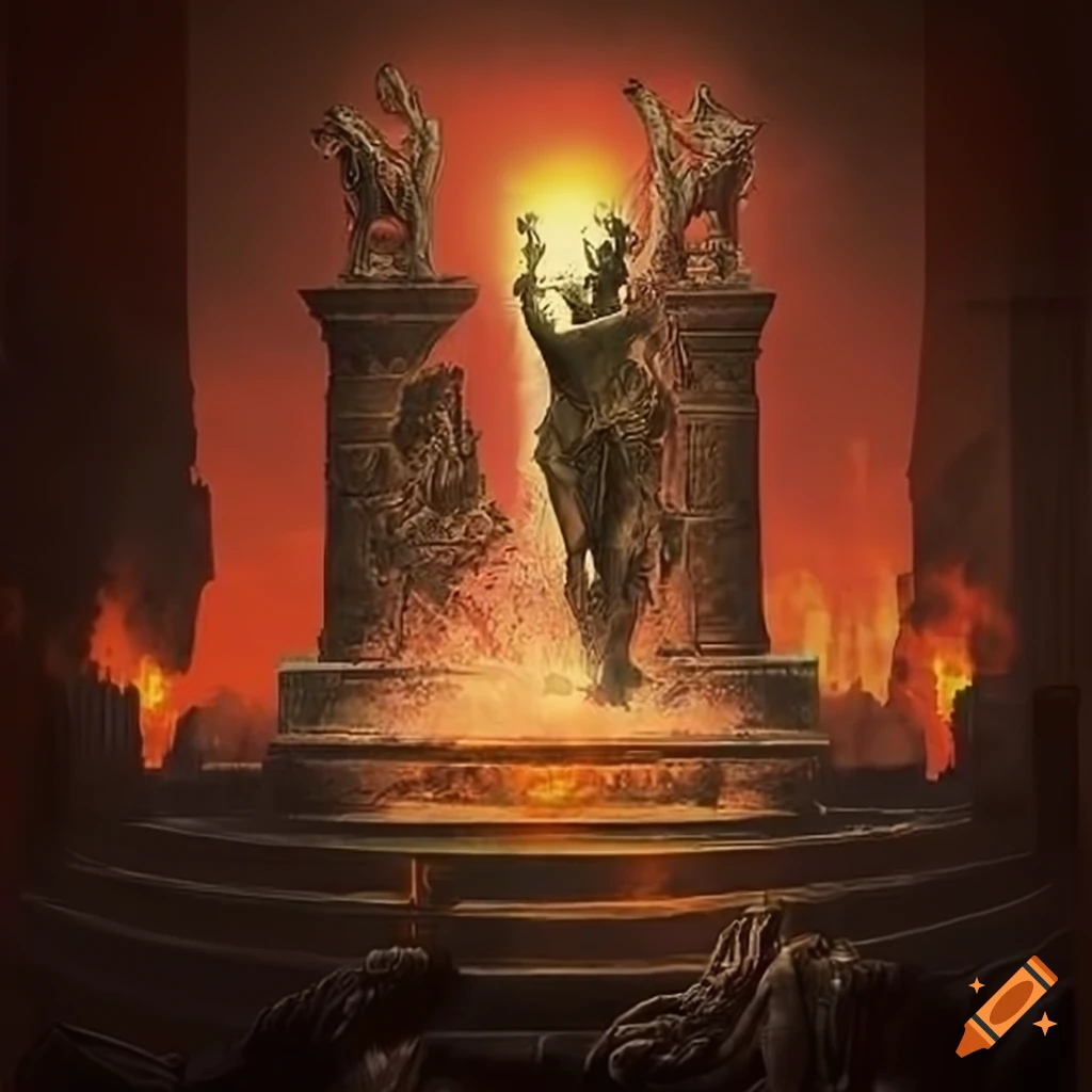 Romantic-style image of a burning roman city with a decapitated statue ...