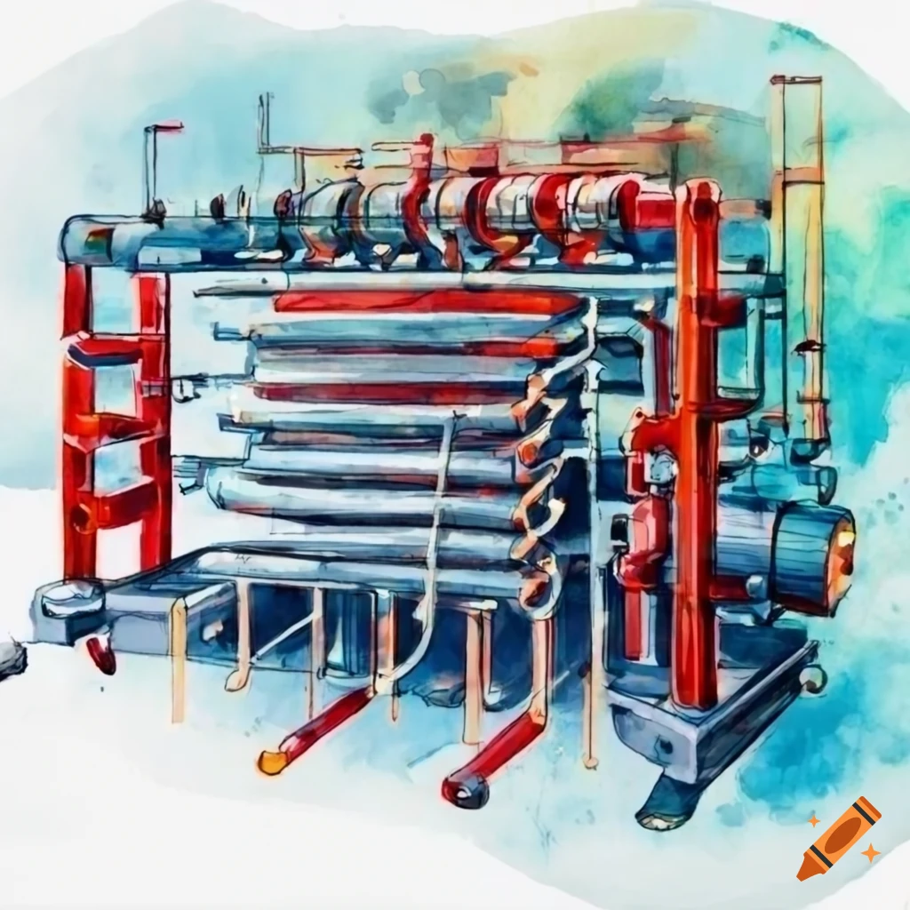 Technical illustration of an industrial heat exchange machine with ...