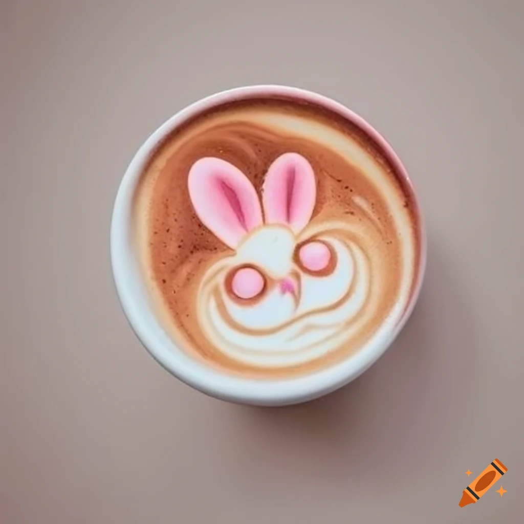 Latte art of a pink bunny design on Craiyon