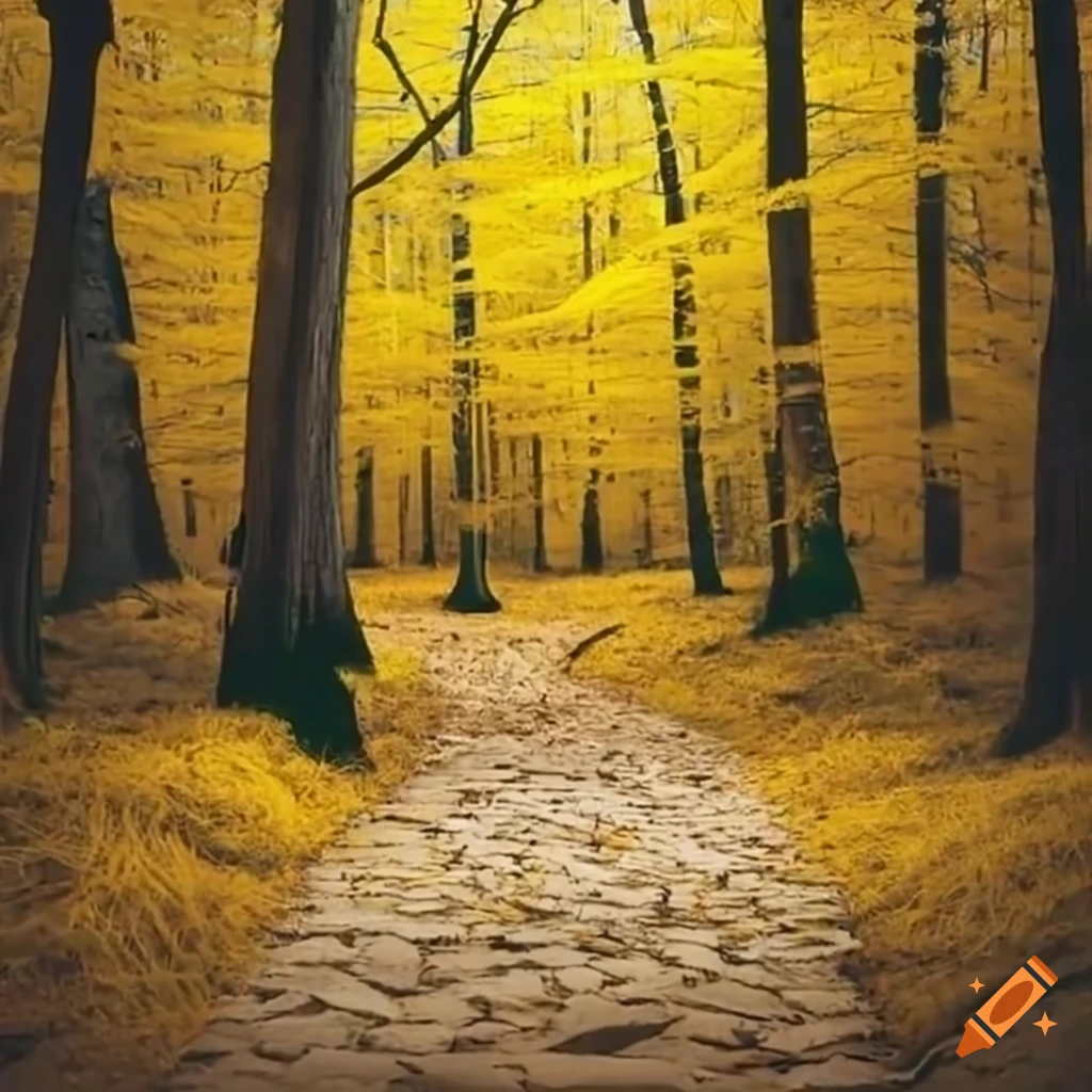 Yellow forest with a separating path on Craiyon