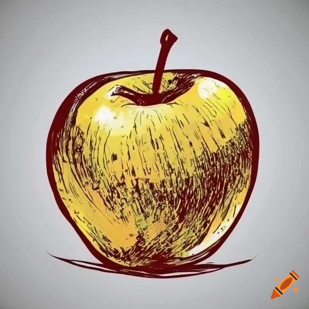 Golden shining apple on a white background drawn with crayon on Craiyon