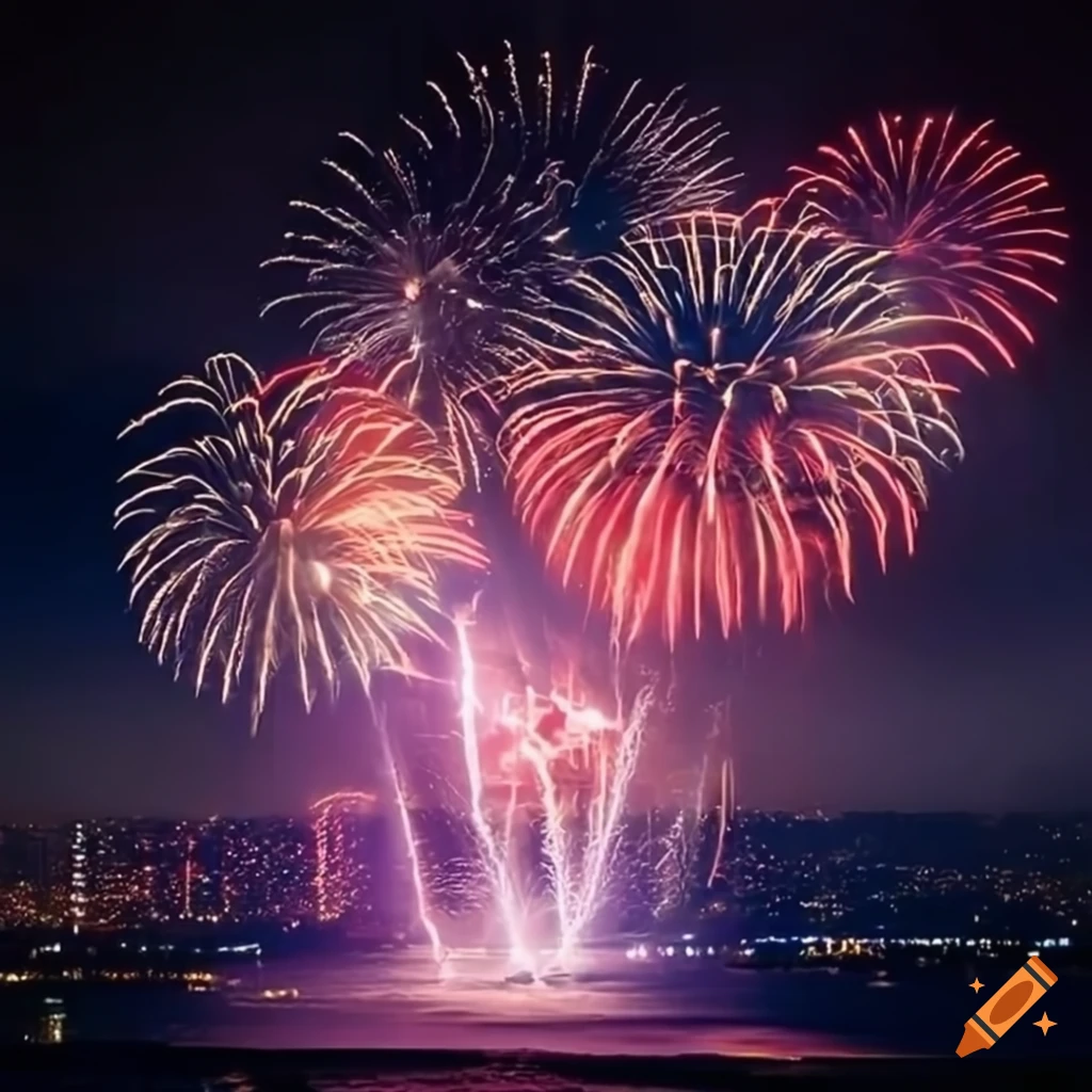 Fireworks show over the city with lightning in the background on Craiyon
