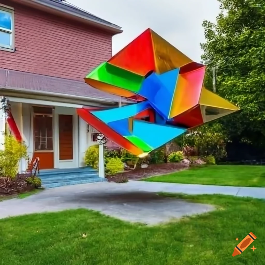 Abstract colorful metal sculpture above a suburban house front yard on ...