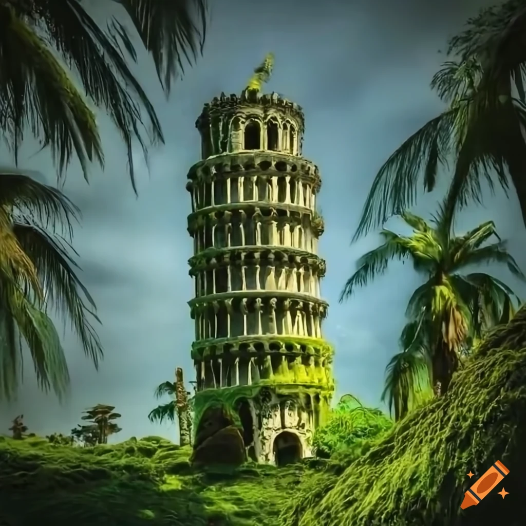 Post-apocalyptic Leaning Tower of Pisa ruins covered in moss and lush ...