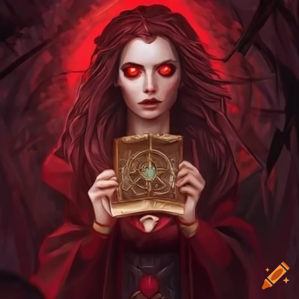 Sorceress with a spell book surrounded by red arcane energy on Craiyon