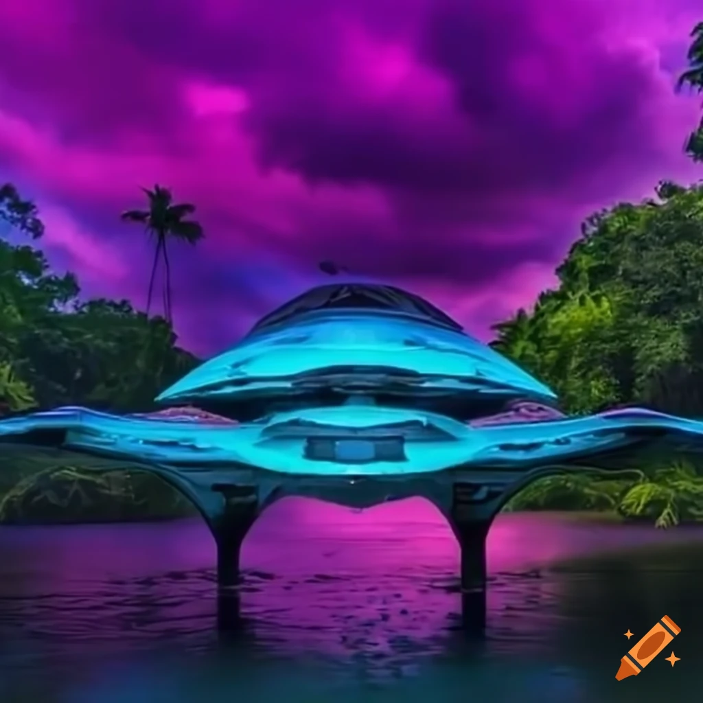 Futuristic spaceship over a colorful tropical forest on Craiyon