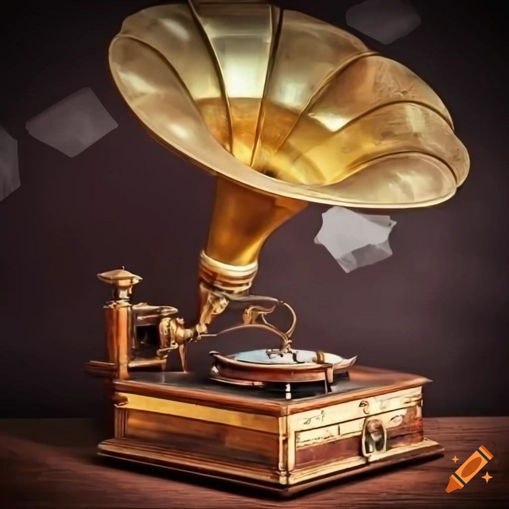 Detailed steampunk phonograph on a table on Craiyon