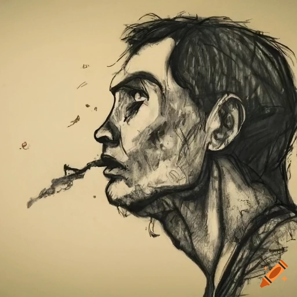 Pencil drawing of a man looking up with smoke coming from his head in ...