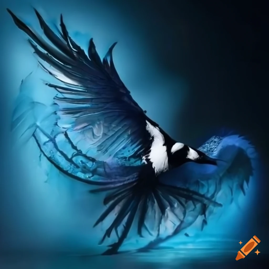 Mythical magpie made of abstract shadows with ice-blue wings on Craiyon