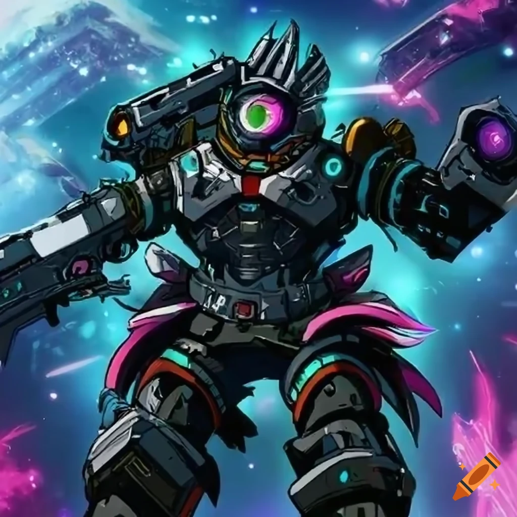 Stylish cyborg with heavy weapons in an apocalyptic anime world on Craiyon
