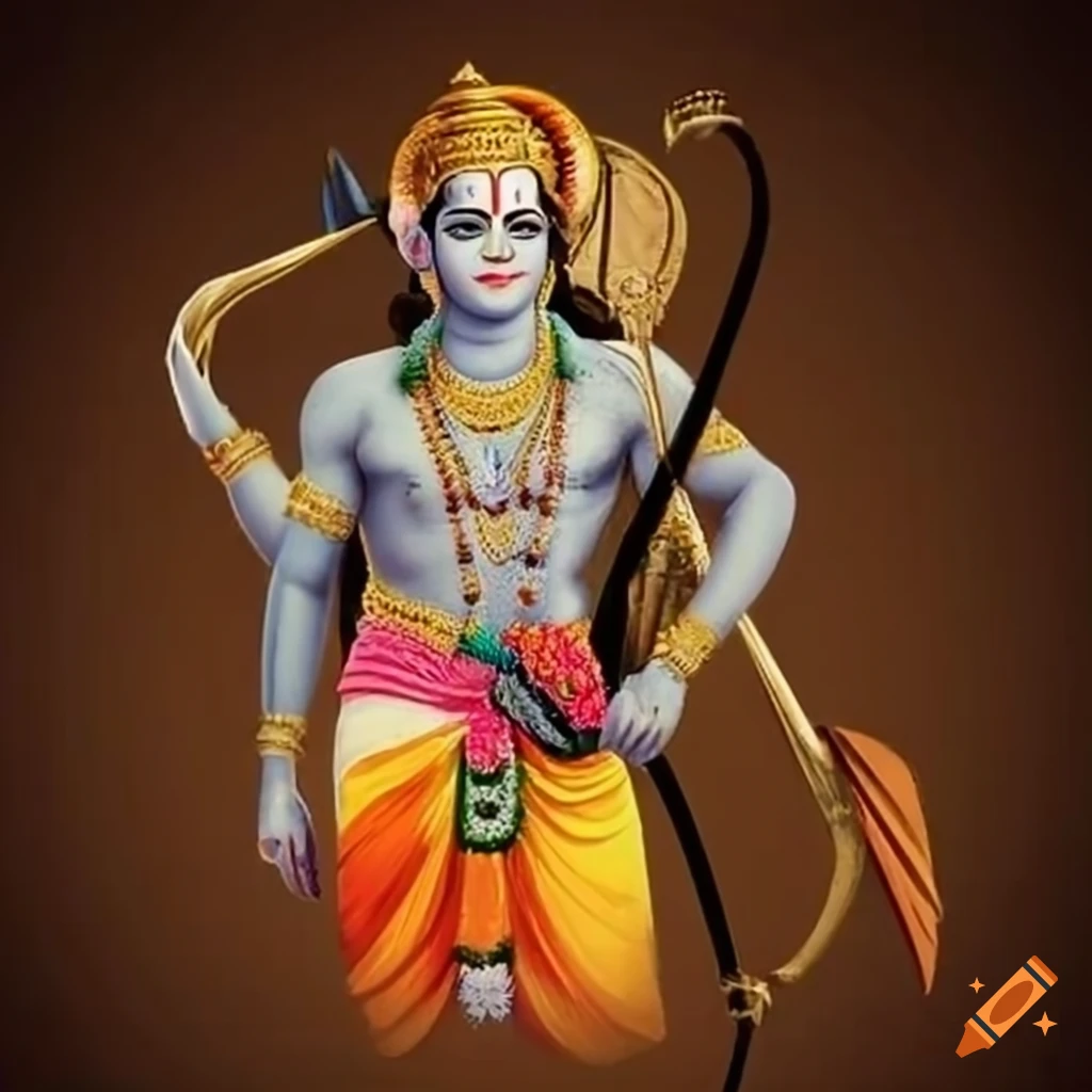 Shri ram with bow and arrow pointing at the sky on Craiyon