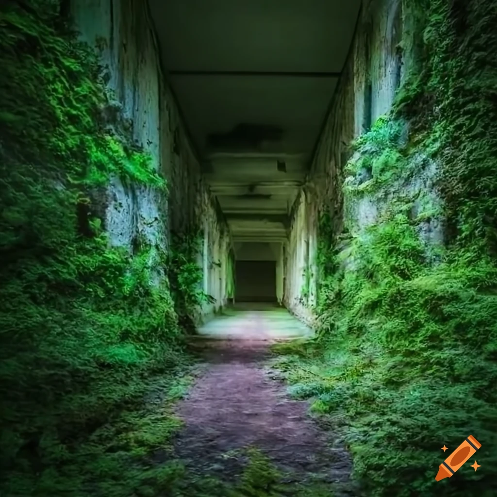 Overgrown liminal space extending infinitely on Craiyon