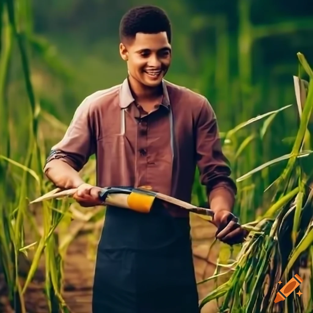 Smiling young man cutting sugar cane in appropriate work attire on Craiyon