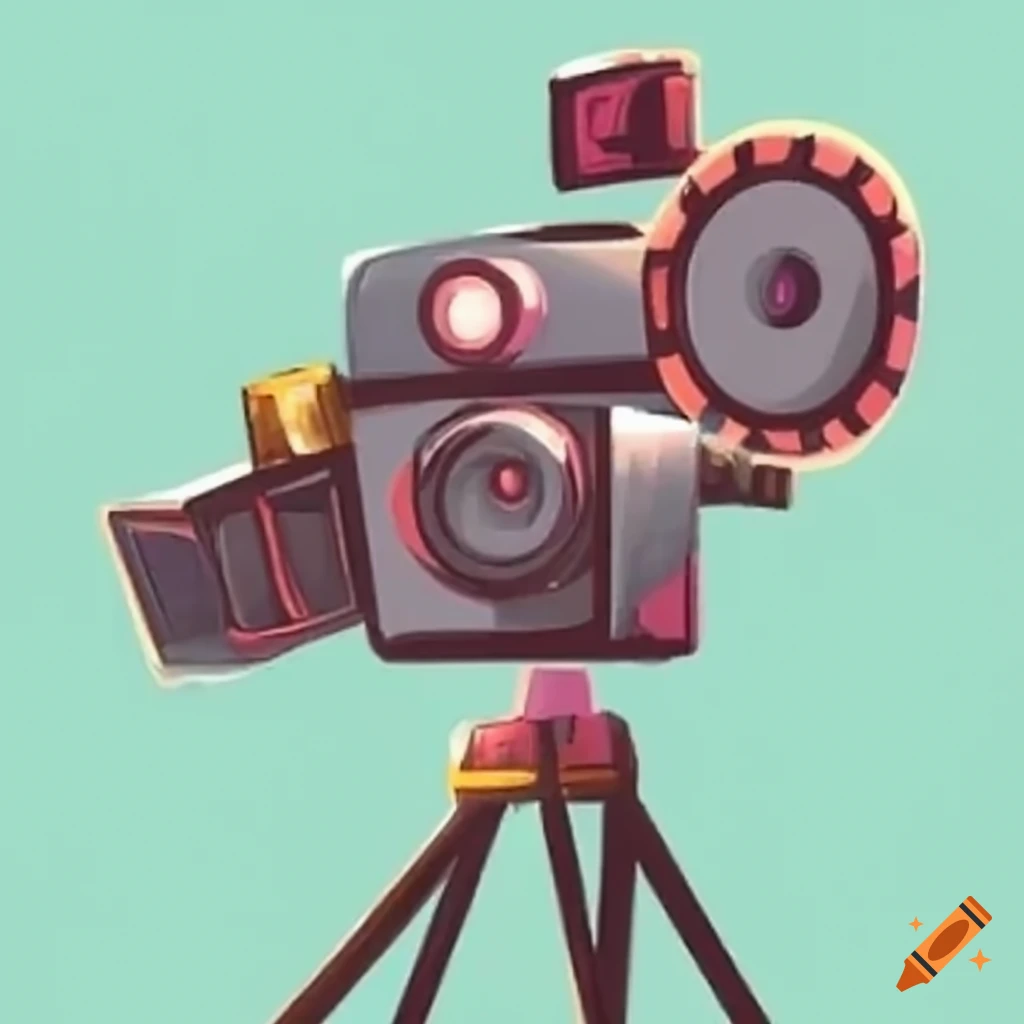 Movie camera drawn with crayon on a white background in a comic style on Craiyon