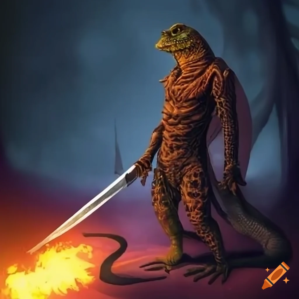 Lizard warrior struck by fire ball in a sinister night scene on Craiyon