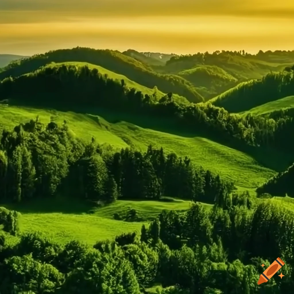 Panoramic view of rolling hills covered in lush forest greenery on Craiyon
