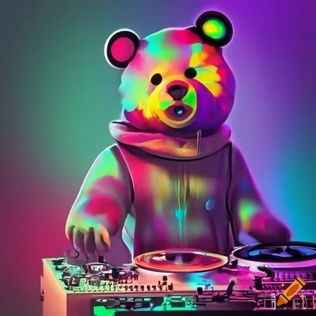 Colorful dj bear using a record player at a party on Craiyon