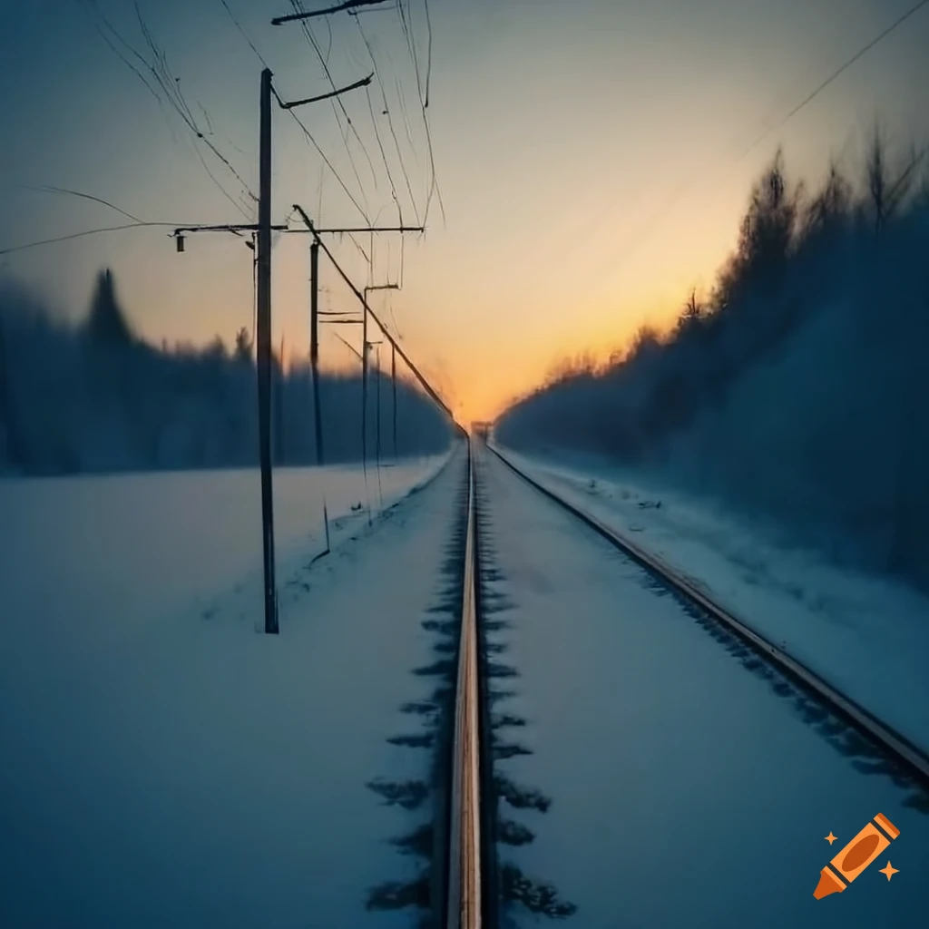 Fisheye view of a winter Russian path with railway and blizzard on Craiyon