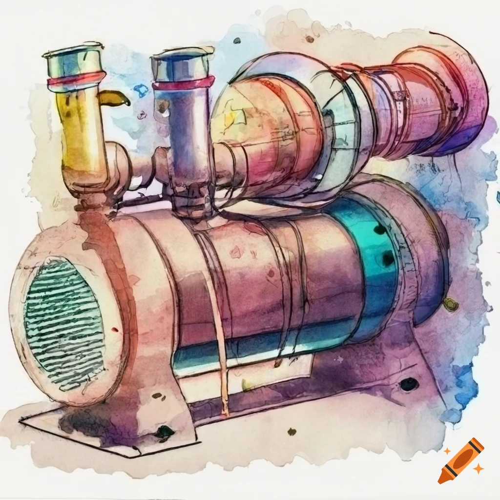 Technical drawing of a heat pump with horizontal tubes and compressor ...