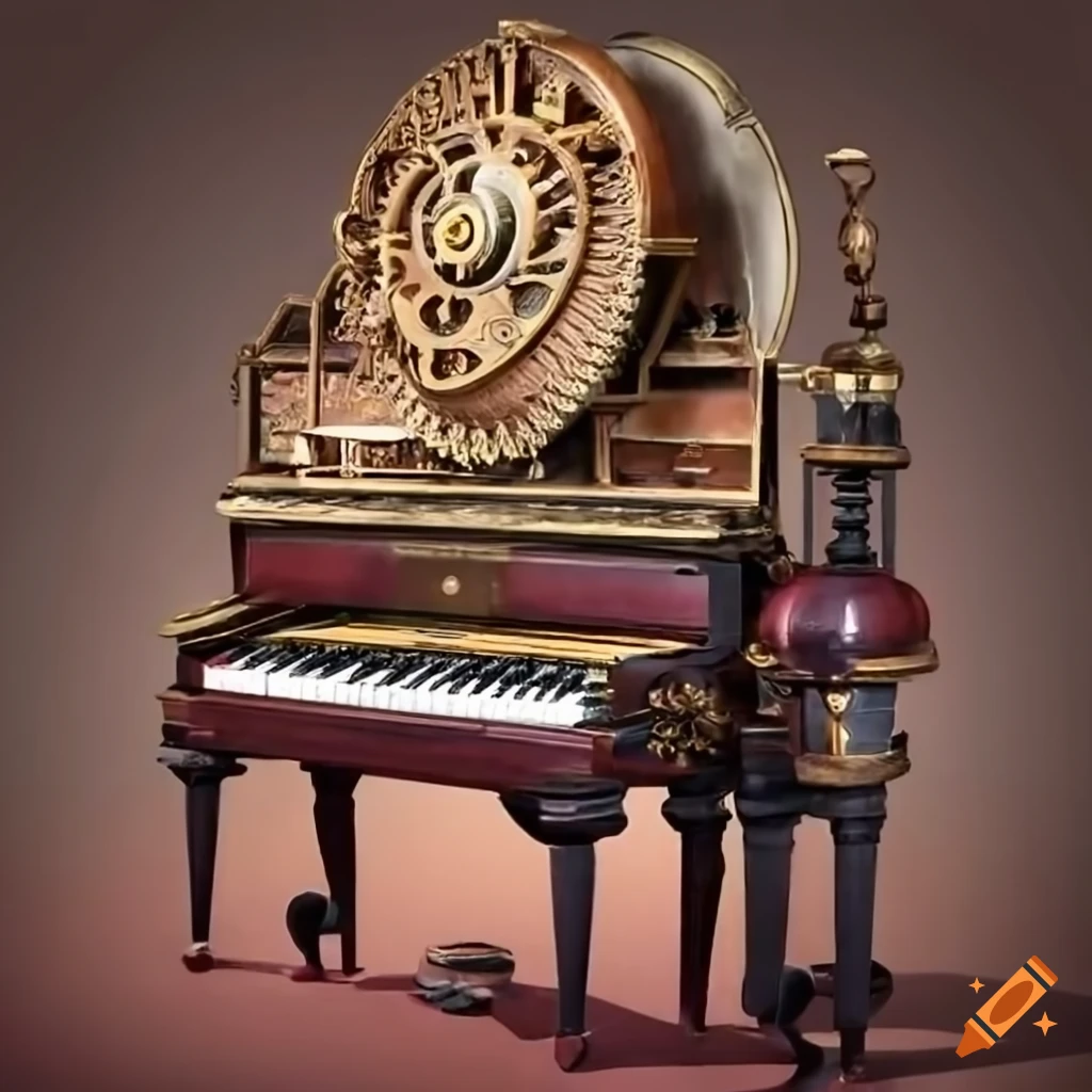Steampunk upright piano machine with 88 keys in a victorian parlor ...