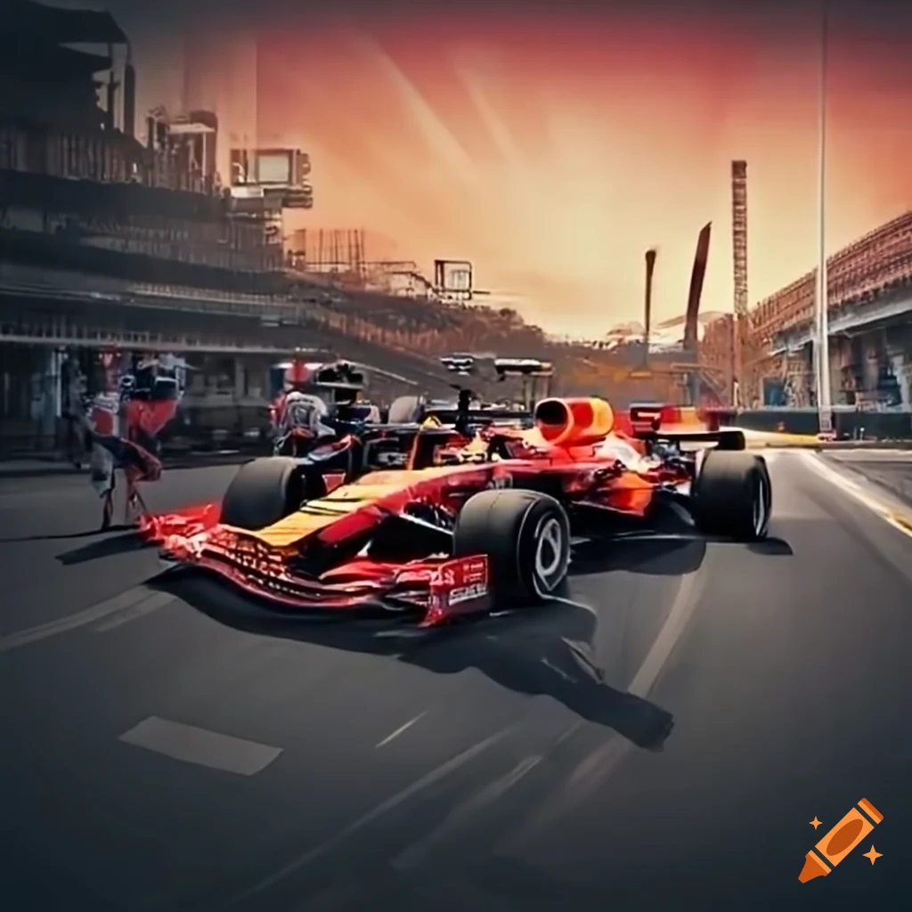 Formula 1 racing car navigating barcelona traffic on Craiyon