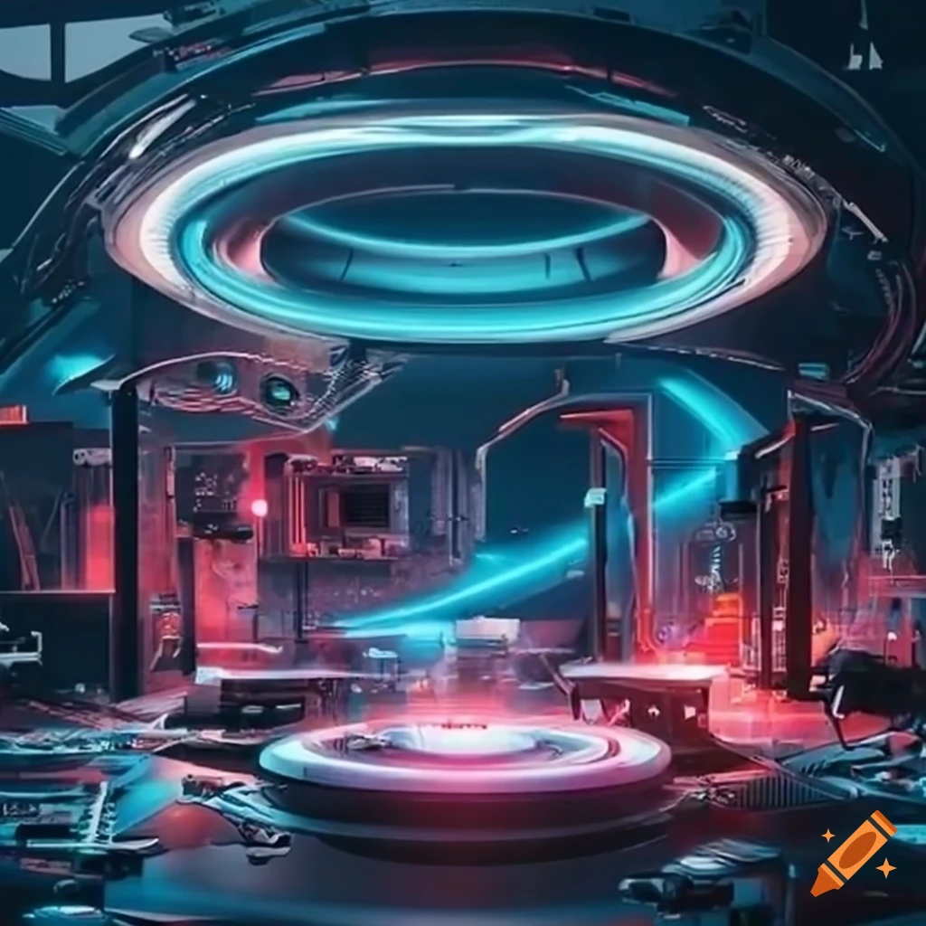 Futuristic tech haven with circuitry and vibrant colors for invision ...