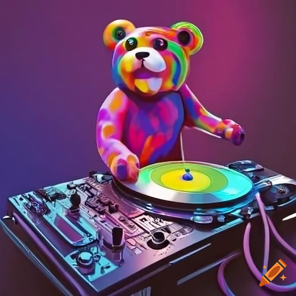 Colorful dj bear with a record player at a lively party on Craiyon