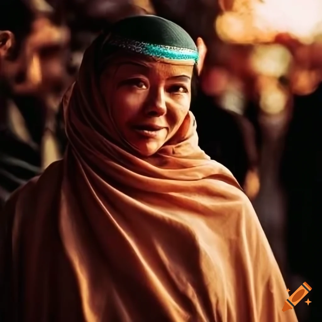 Woman in hijab smiling at man in kippah on a crowded street on Craiyon