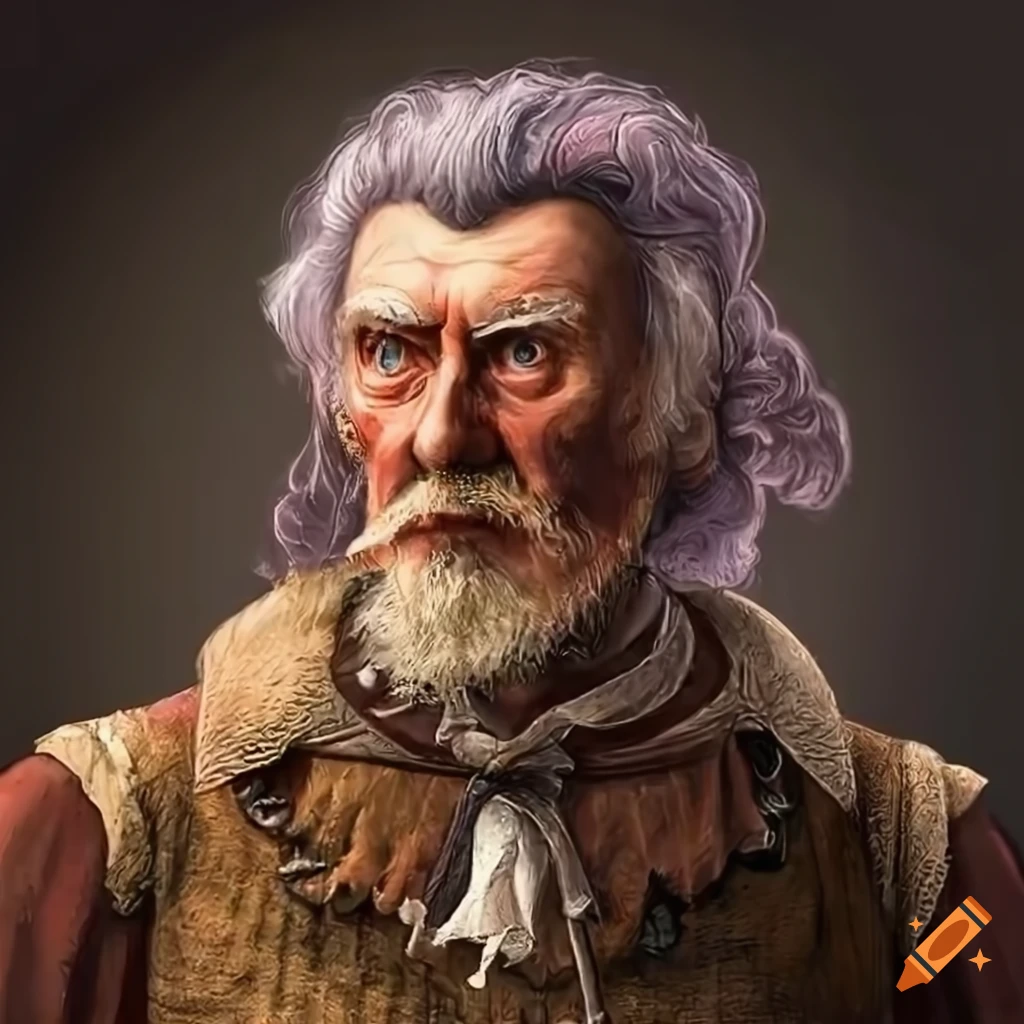 Distinguished older gentleman in medieval attire with a glass eye ...