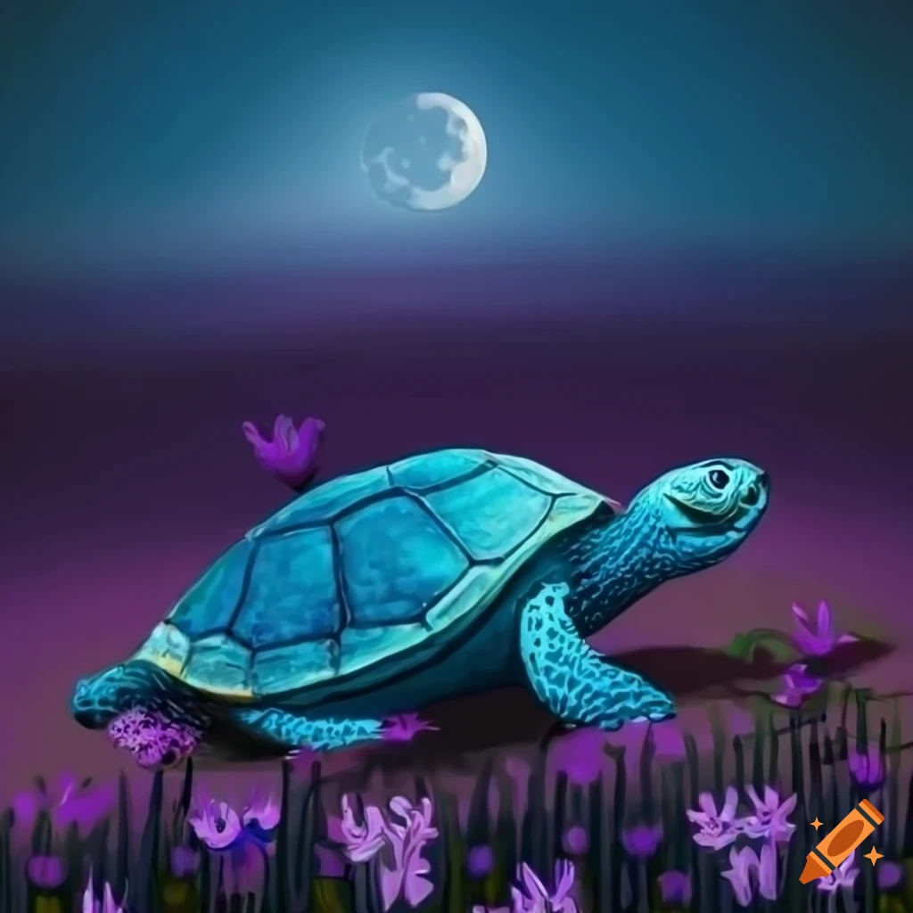 Blue turtle in a nighttime landscape with purple flowers and moon on ...