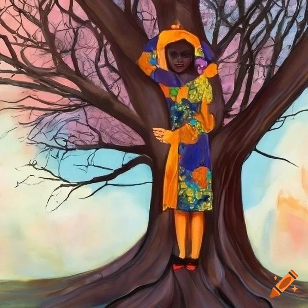 Woman standing next to a tree in the style of artist monica innes on ...