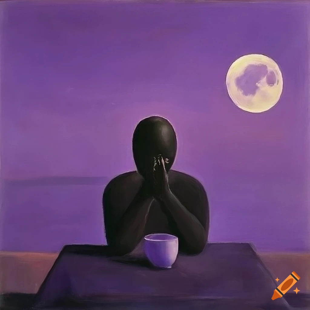 Figure drinking coffee under a purple moon in a surrealistic landscape ...